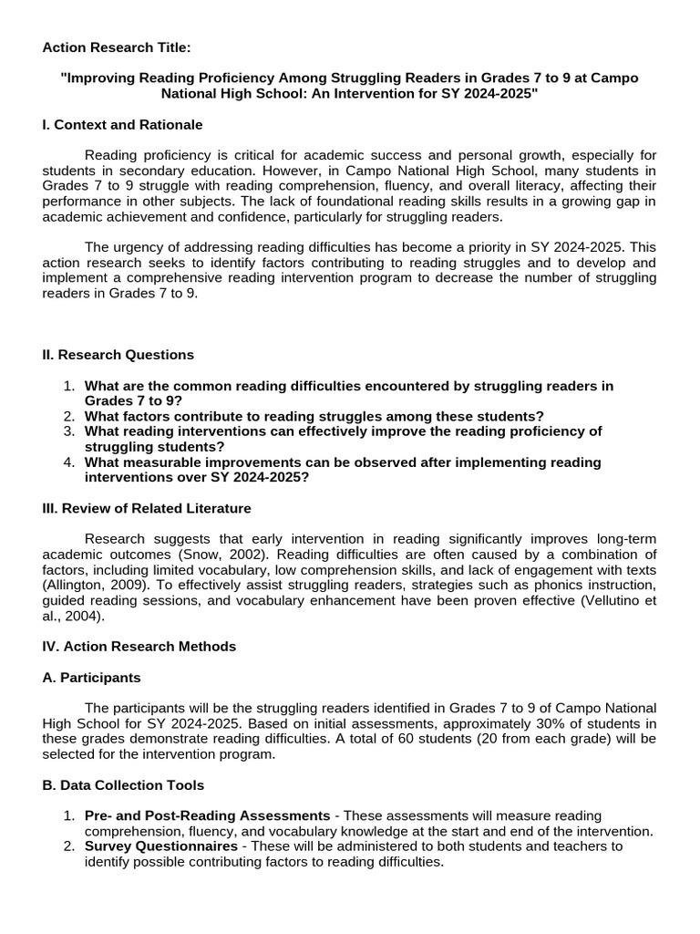 Action Research Title On Struggling Readers at Campo NHS 2024 | PDF | Reading Comprehension ...