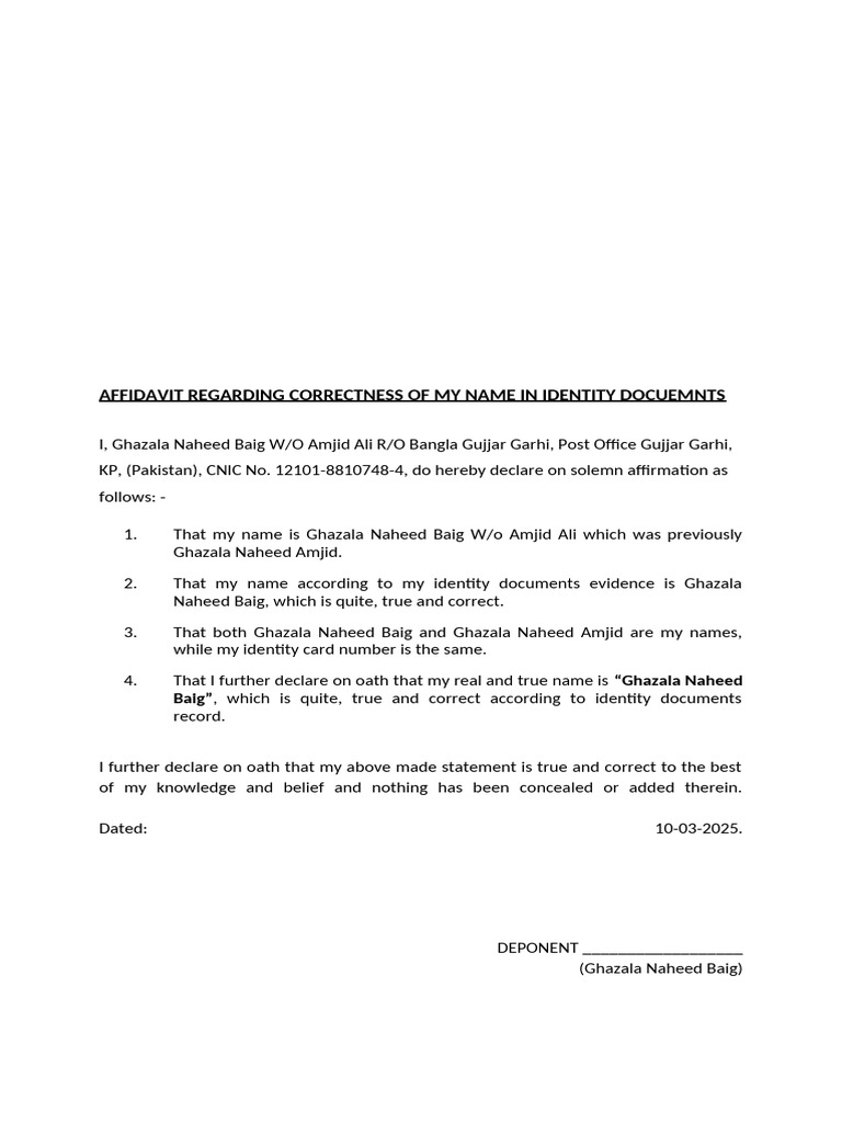 Affidavit Regarding Correctness of My Name in Identity Docuemnts | PDF