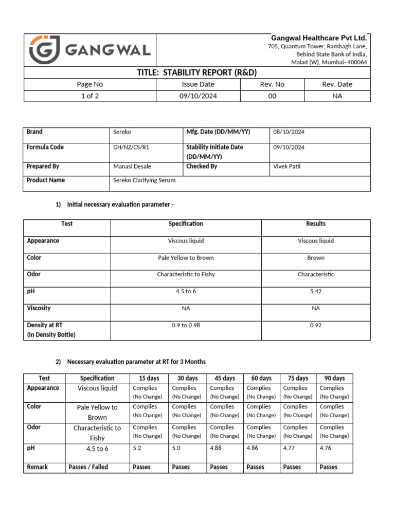 Sereko Clarifying Serum Stability Report | PDF | Viscosity ...
