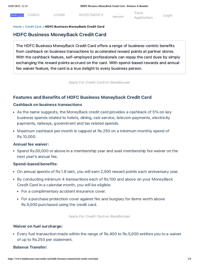 HDFC Business MoneyBack Card Overview | PDF | Credit Card | Loyalty Program