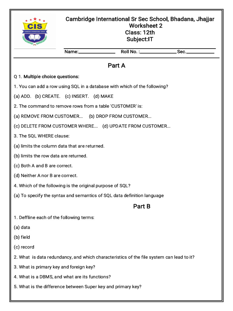 Worksheet 2 Class 12th IT | PDF