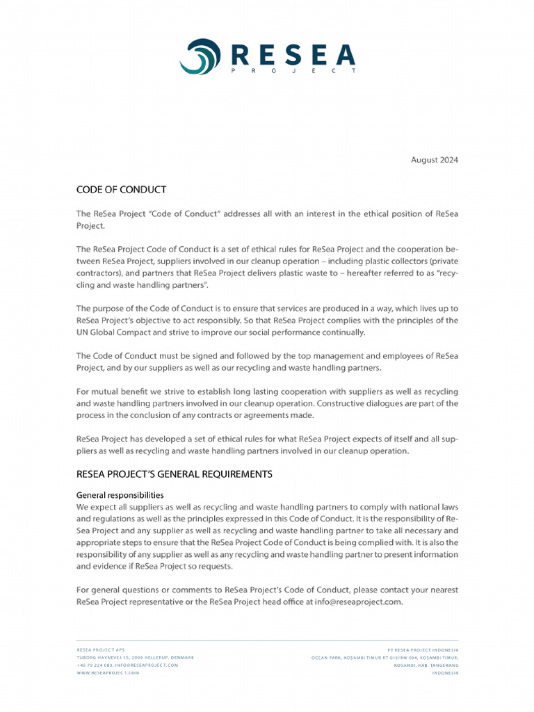 ReSea Project Code of Conduct Aug 2024 | PDF
