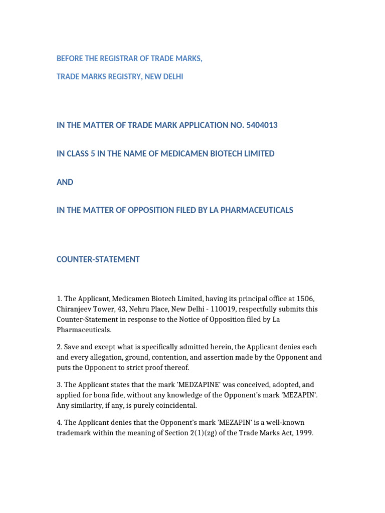 Formal Counter Statement MEDZAPINE | PDF | Trademark | Common Law