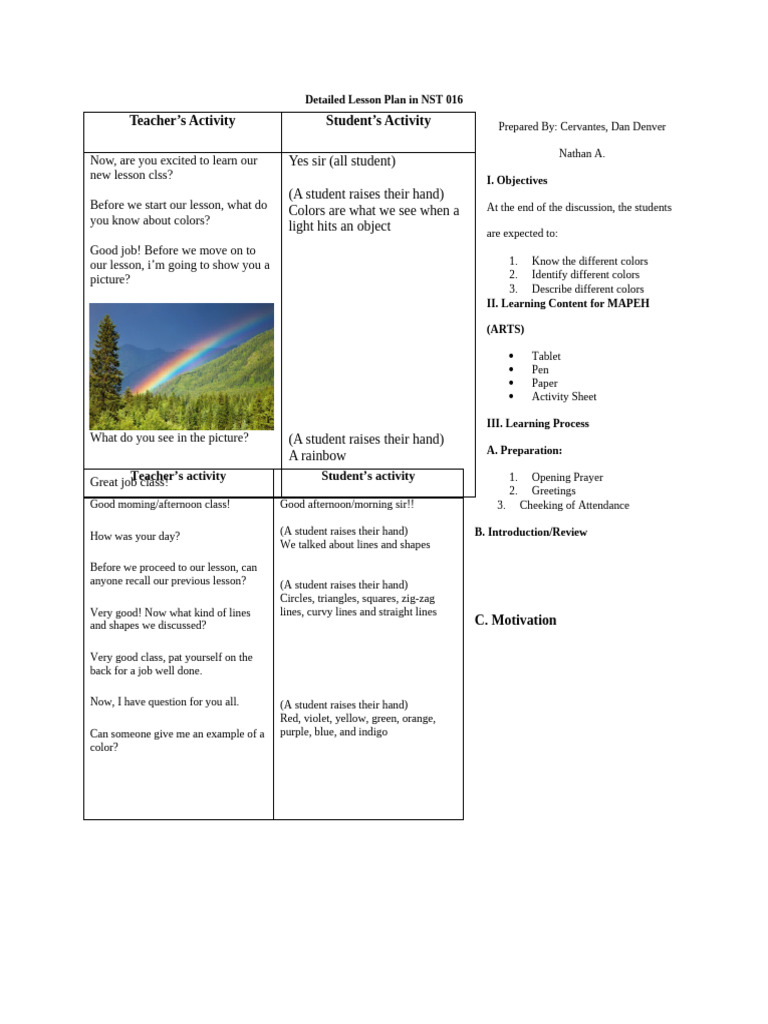 NST 016 Lesson Plan Cervantes, Denver | PDF | Color | Green