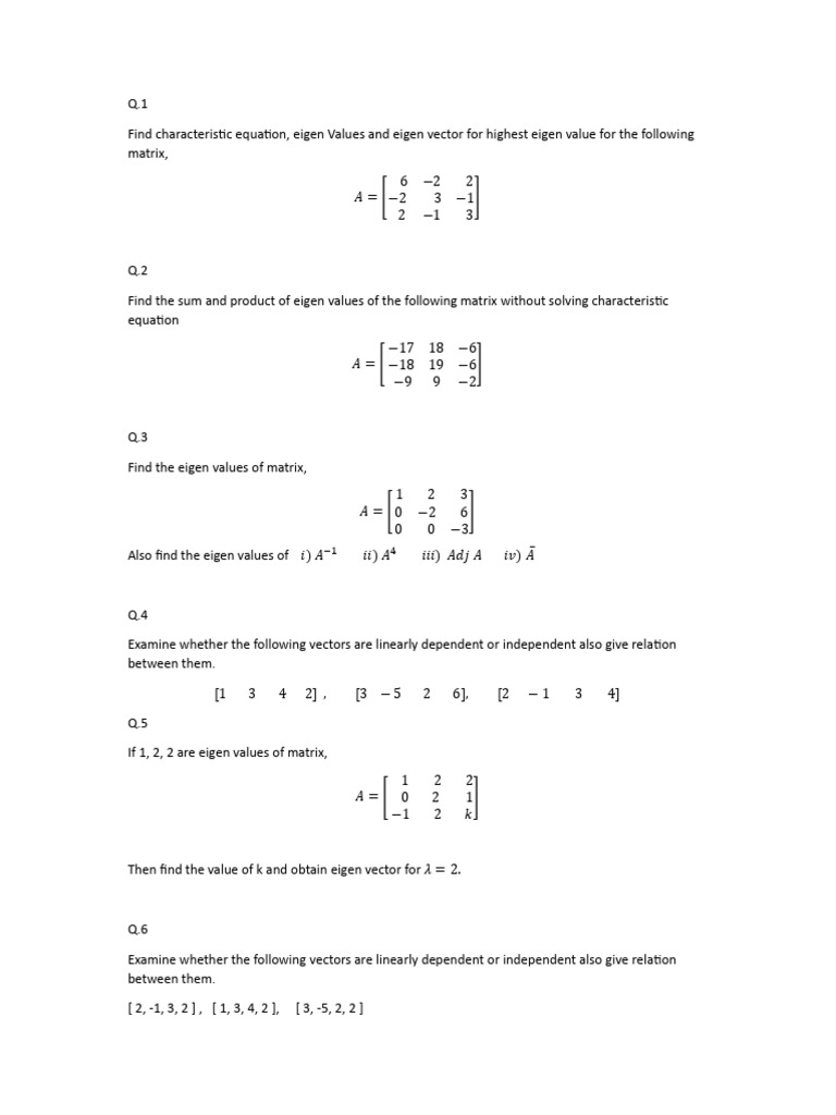 Practice Questions (AEM) 2024-25 (Sem-II) | PDF | Eigenvalues And Eigenvectors | Matrix ...