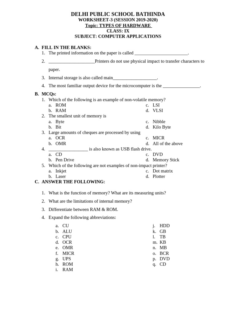 9 - Worksheet-3 Types of Hardware | PDF