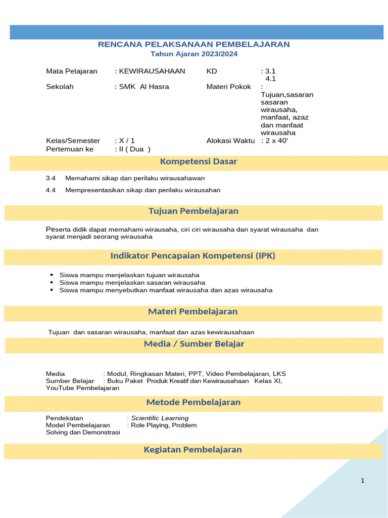 RPP 2 Ok, Tujuan, Manfaat Kewirausahaan | PDF