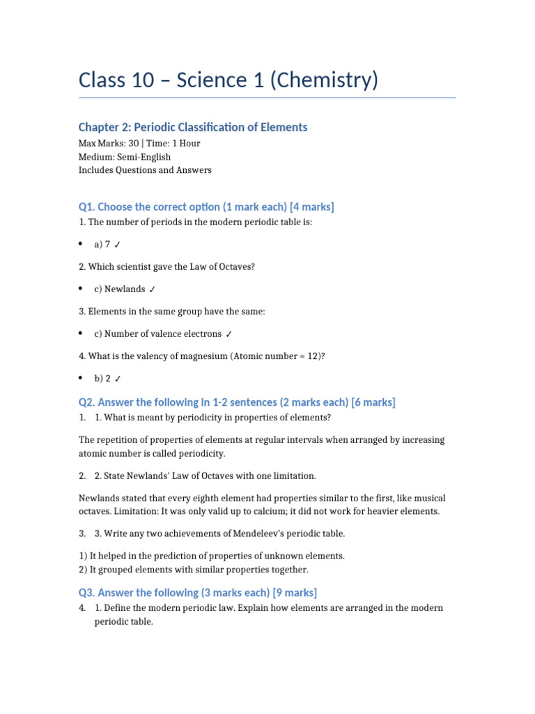 Class10 Sci1 Ch2 Test With Answers | PDF | Periodic Table | Chemical ...