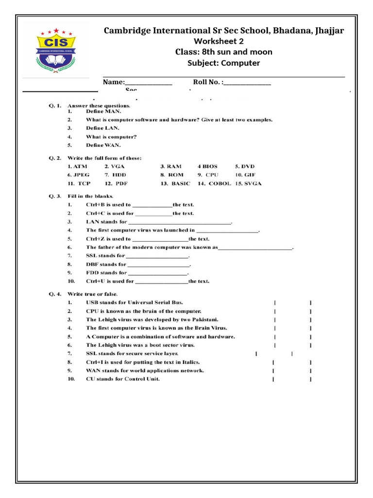 Worksheet 2 Computer Class 8th | PDF