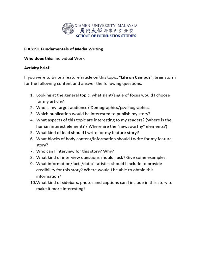Week 8 BL Tutorial - Feature Article Planning | PDF