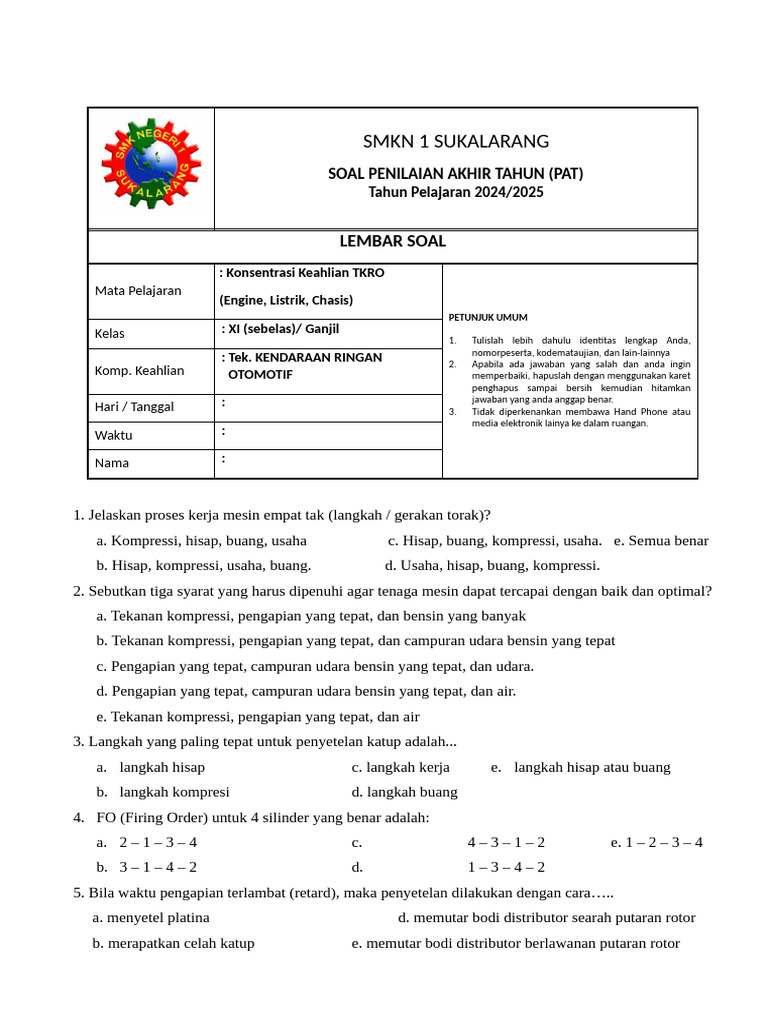 Soal PG Konsentrasi Keahlian, Kelas XI TKRO (Engine, Listrik, Chasis) SMSTR Ganjil 2024 | PDF