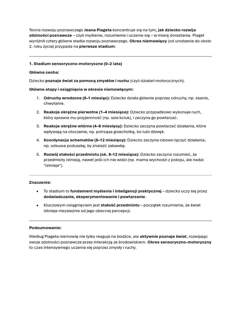Teoria Rozwoju Poznawczego Jeana Piageta | PDF