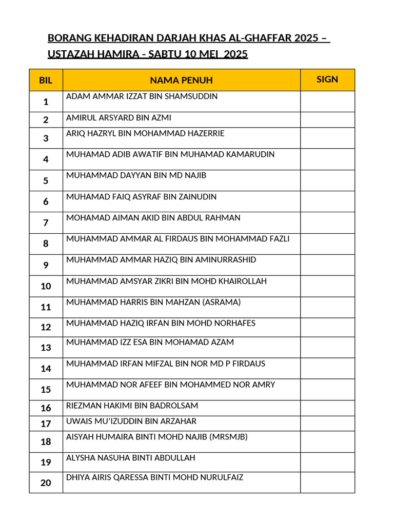 Borang Kehadiran Darjah Khas 2025 Hamira | PDF