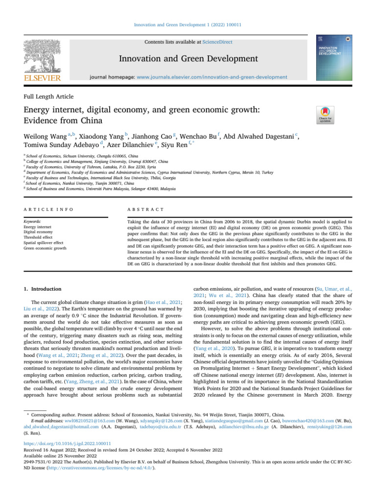 Energy Internet, Digital Economy, and Green Economic Growth | PDF | Electricity Generation ...