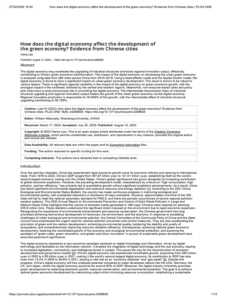 How Does The Digital Economy Affect The Development of The Green Economy - Evidence From Chinese ...