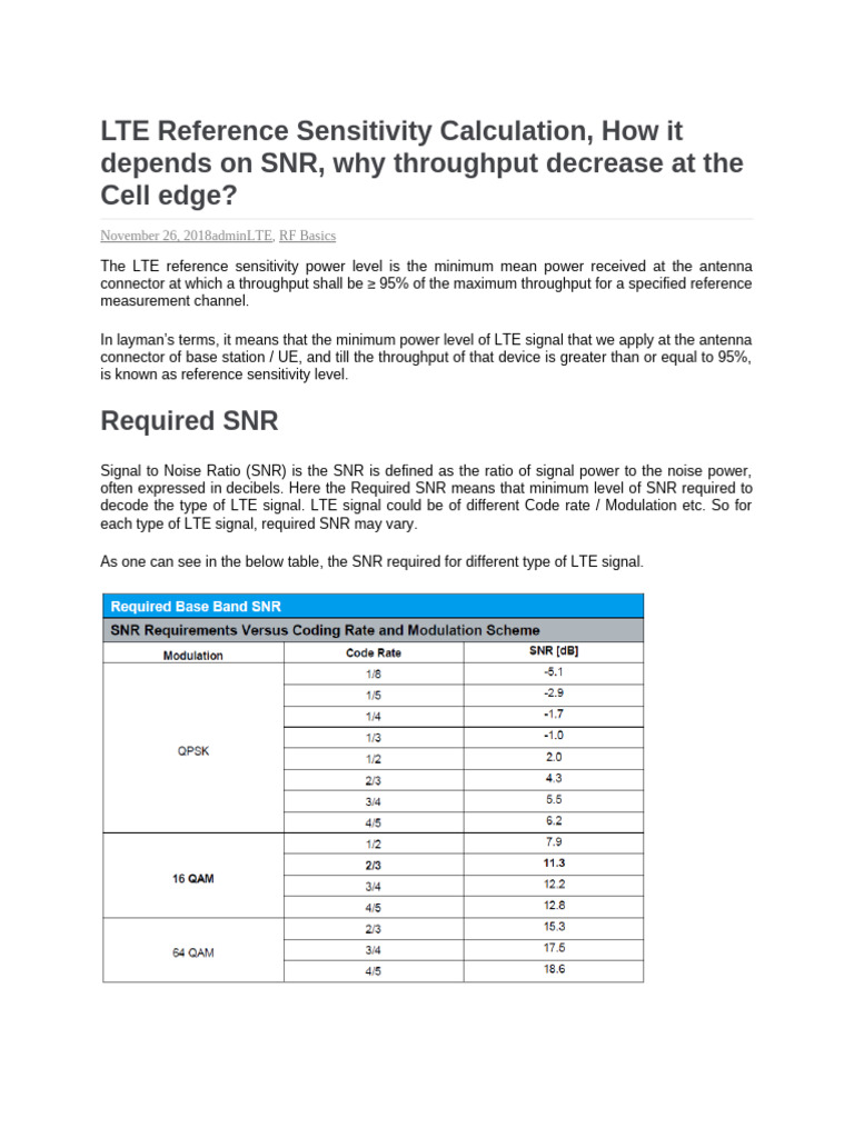 LTE Reference Sensitivity Calculation, How It Depends On SNR, Why Throughput Decrease at The ...
