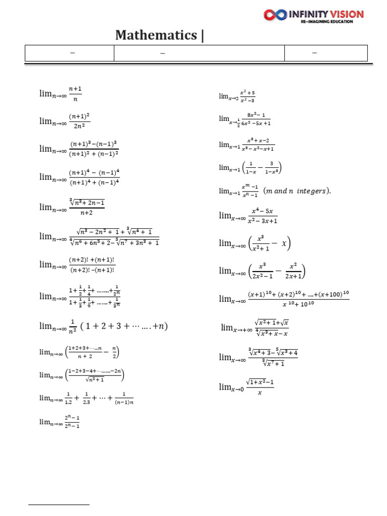 Assignment-1_Limits (Basic Mathematics)_XI_Practice Sheet-1 | PDF