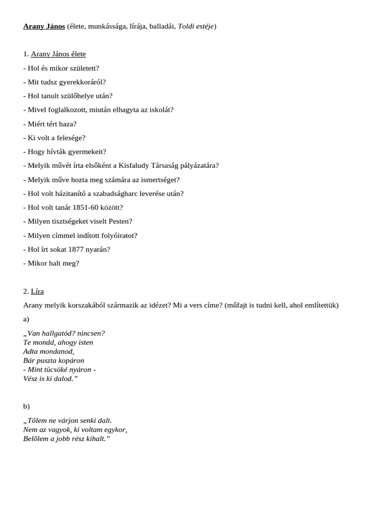 Arany Összefoglalás | PDF