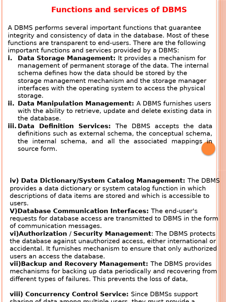 Functions and Services of Dbms | PDF | Databases | Computer Programming