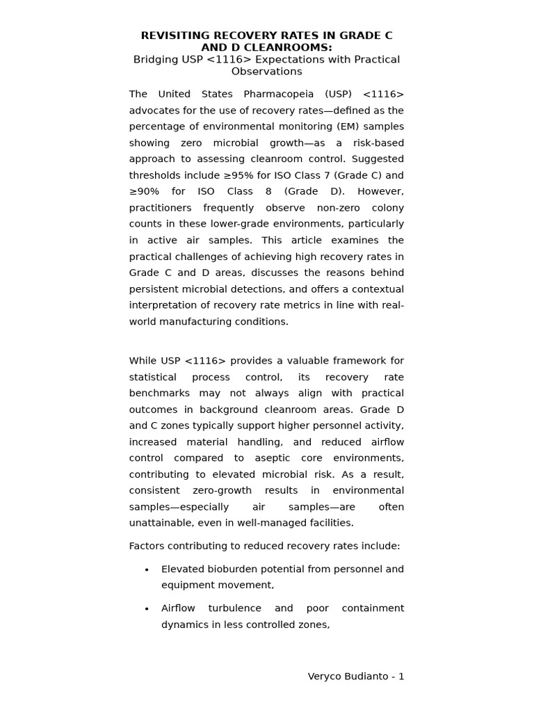 Revisiting Recovery Rates in Grade C and D Cleanrooms - Bridging USP ...