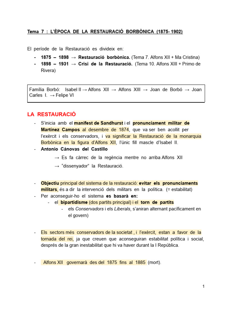 L'època de La Restauració Borbònica (1875 - 1902) | PDF
