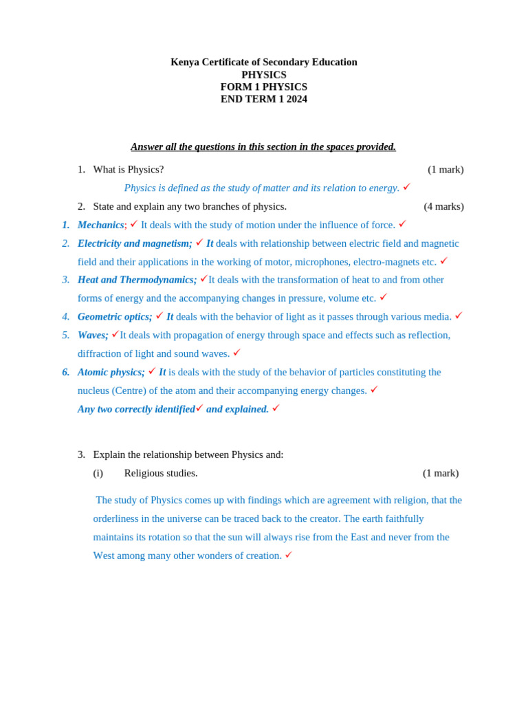 Form 1 - Physics - Marking Scheme | PDF | Physics | Density