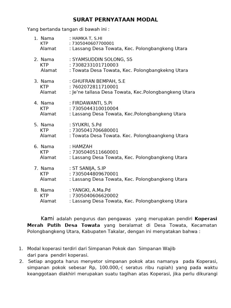 SURAT PERNYATAAN MODAL Koperasi | PDF