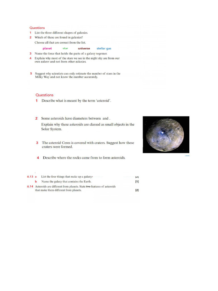Yr8 Science 25.5.1 Ch6 Question Example - Galaxies and Asteroids.. | PDF