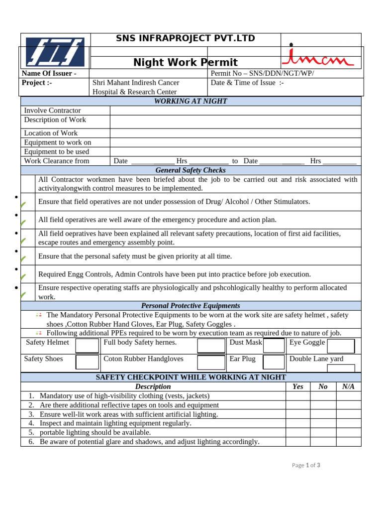 L017-OHSE Night Work Permit Format | PDF | Lighting | Personal ...
