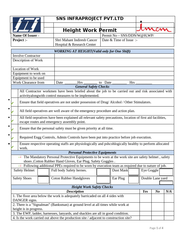 L015-OHSE Height Work Permit Format | PDF | Personal Protective ...