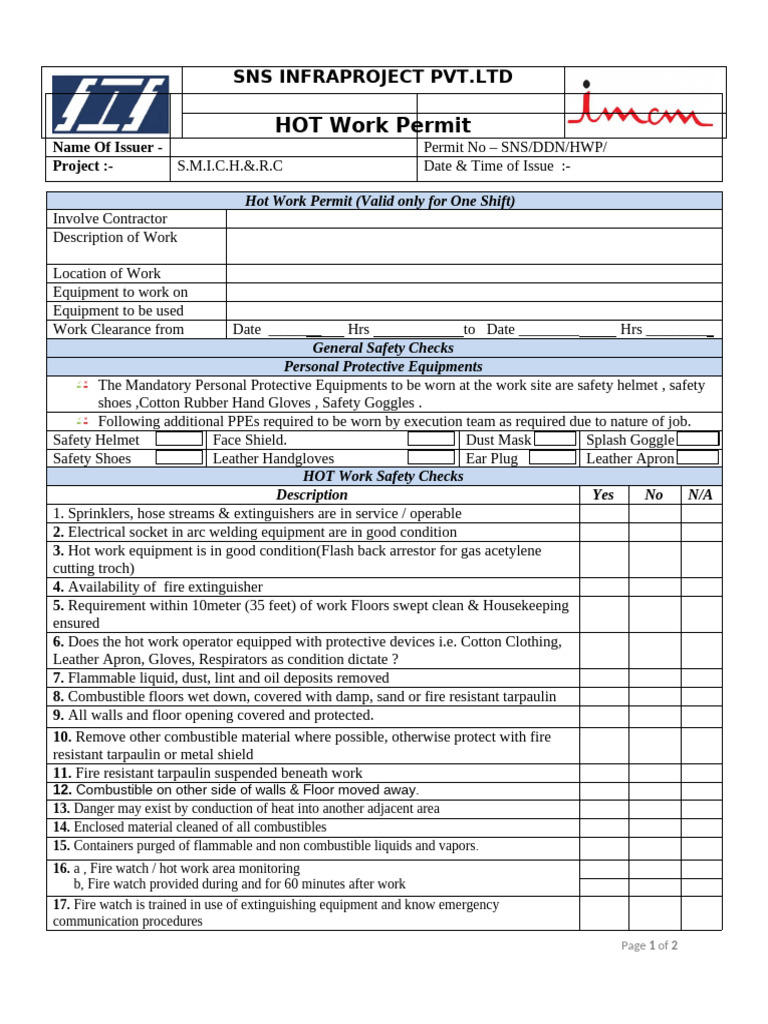 L015-OHSE Hot Work Permit Format | PDF | Personal Protective Equipment ...