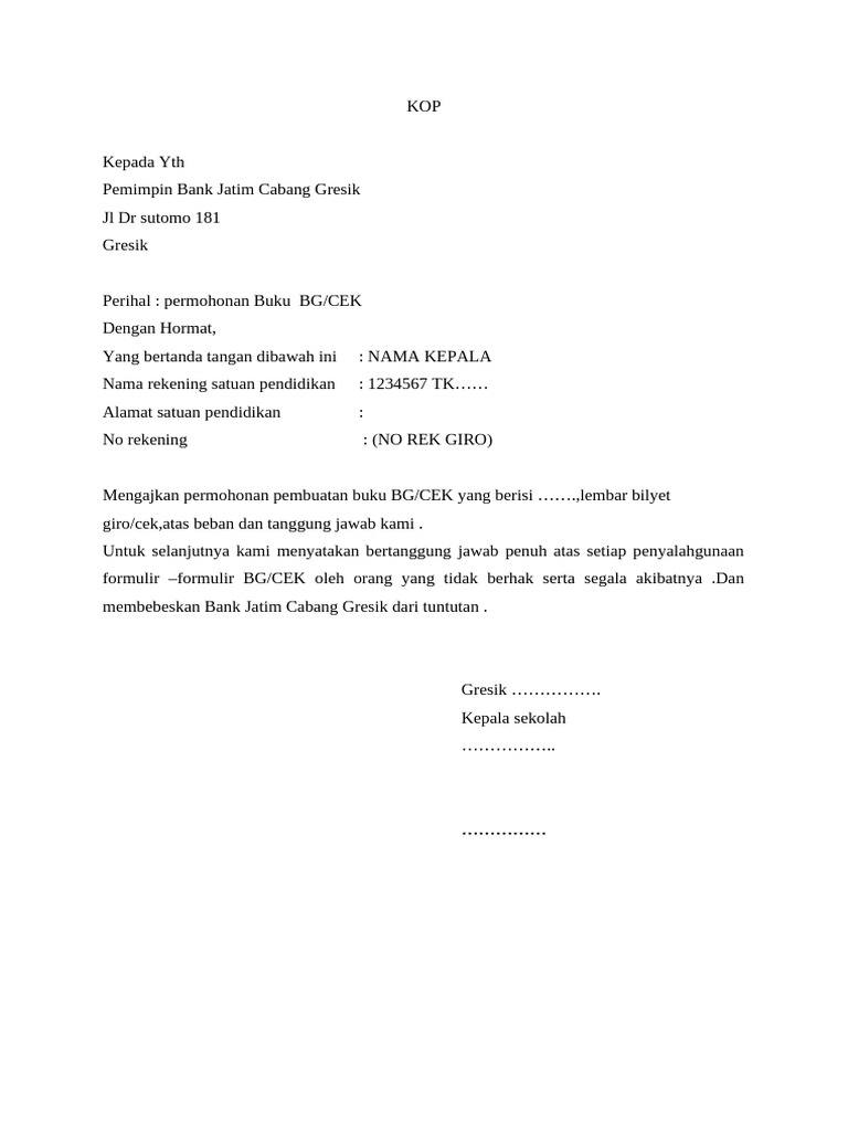 Permohonan Buku BG/CEK Bank Jatim Gresik | PDF