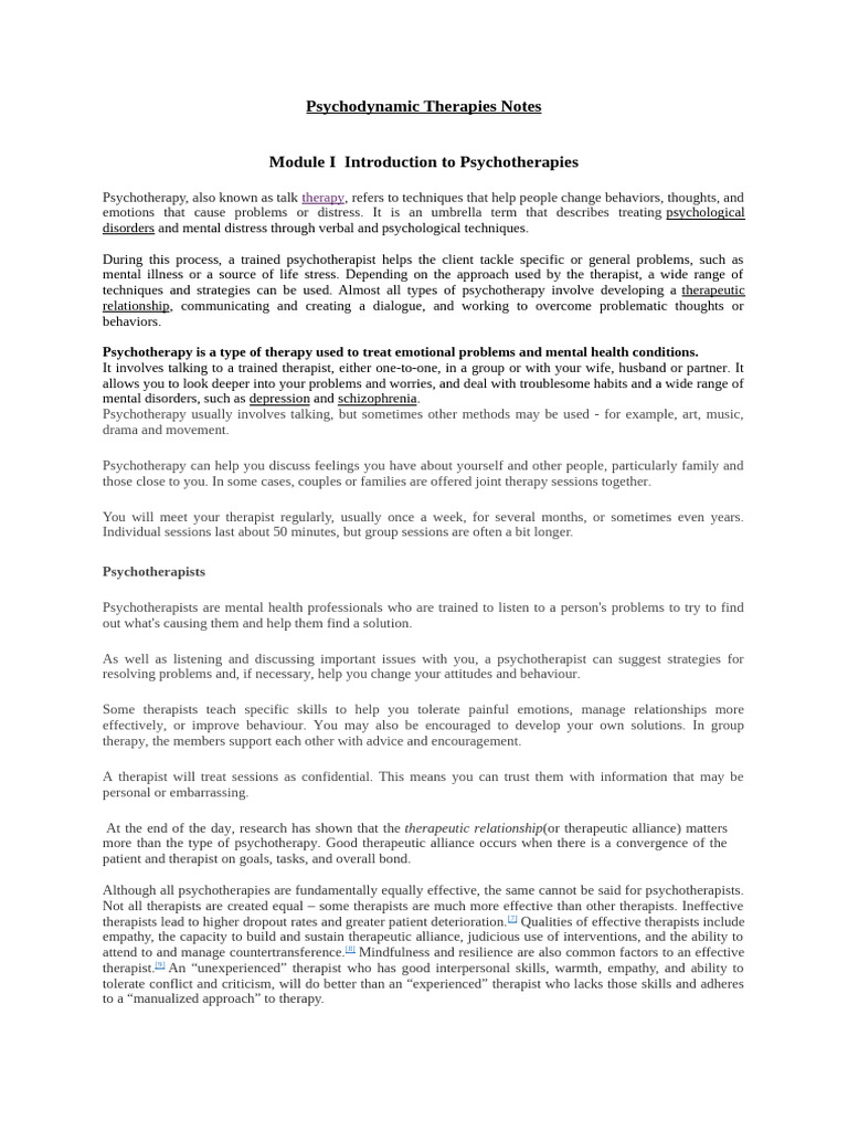 Psychodynamic Therapies Notes | PDF | Psychotherapy | Cognitive ...
