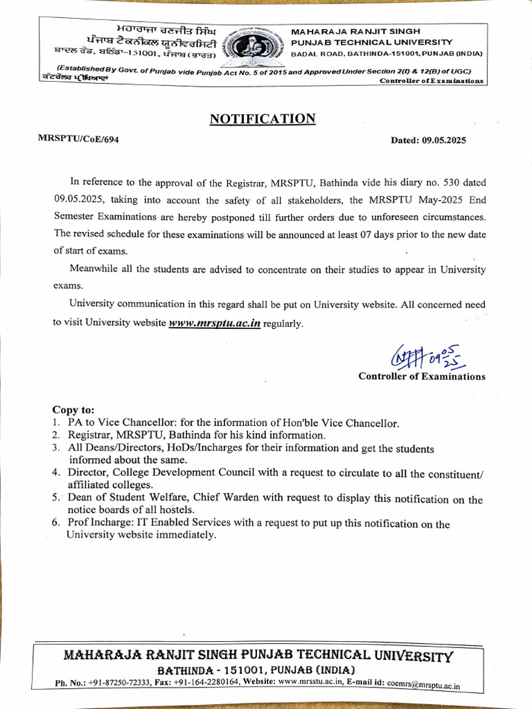 Postponement of MRSPTU - May - 2025 Exam | PDF