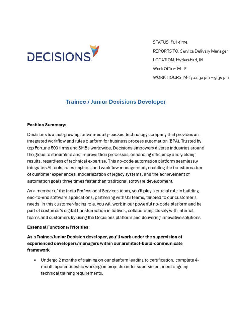 Junior Decisions Developer 2025 | PDF | Software Development Process ...