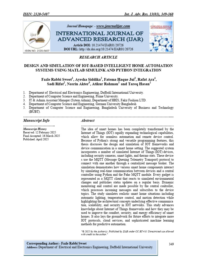Design And Simulation Of Iot Based Intelligent Home Automation Systems Using Matlab Simulink And