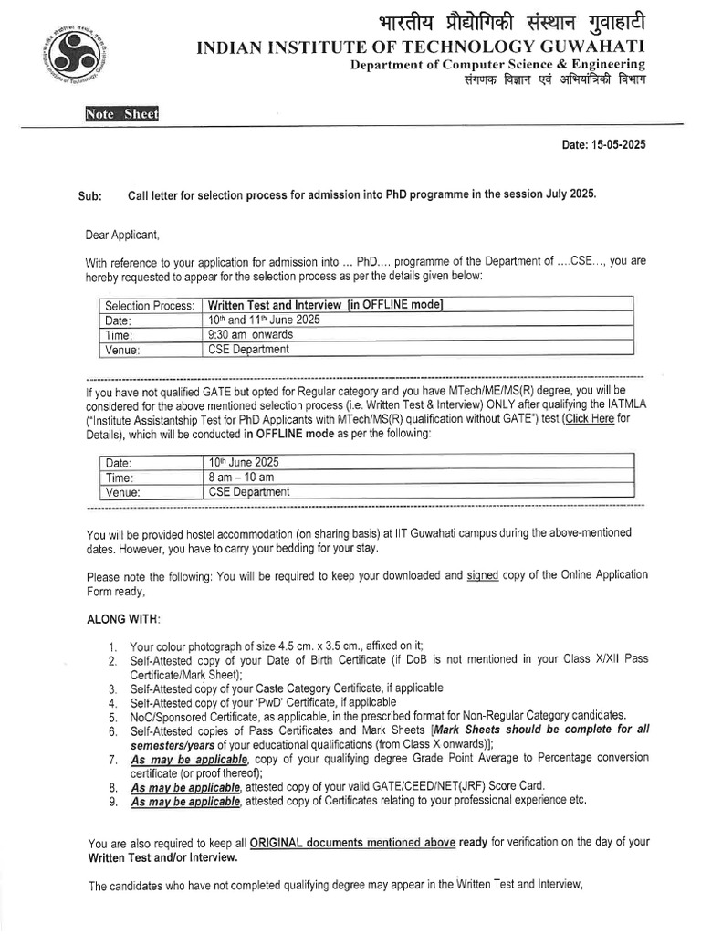 Call Letter For PHD Admission Process in Dept of CSE, IIT Guwahati - July 2025 Admission | PDF
