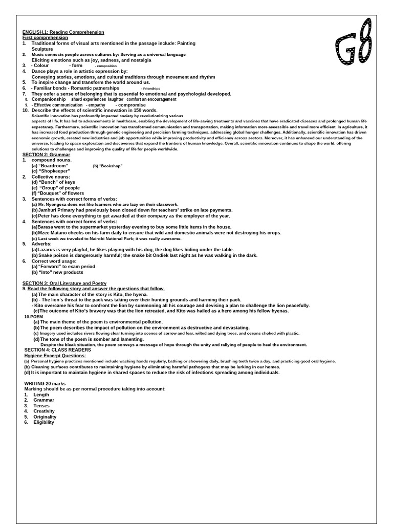 g8 English Marking Scheme | PDF | Hygiene | Innovation