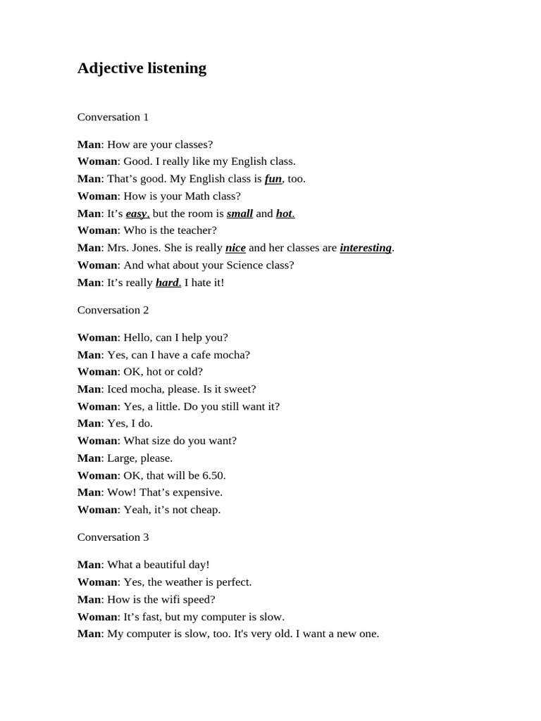 Adjective Listening Practice Conversations | PDF