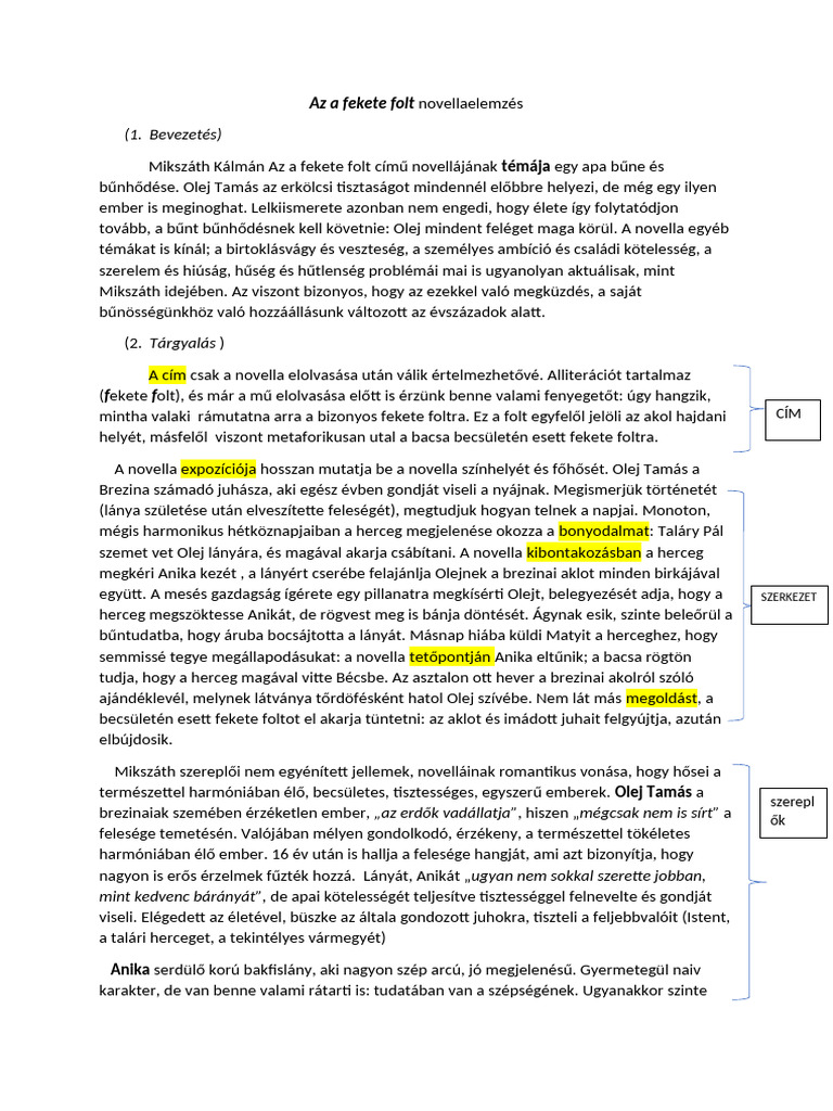 Az A Fekete Folt Novellaelemzés | PDF