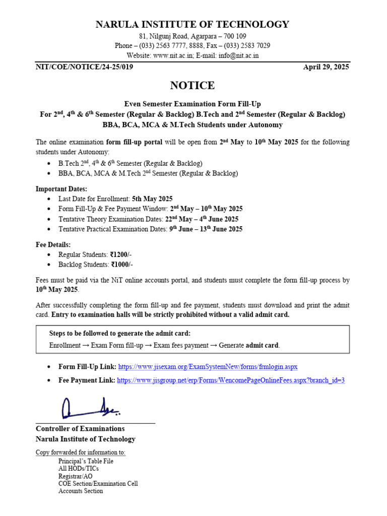 Even Semester Exam Form Fill-Up Notice | PDF
