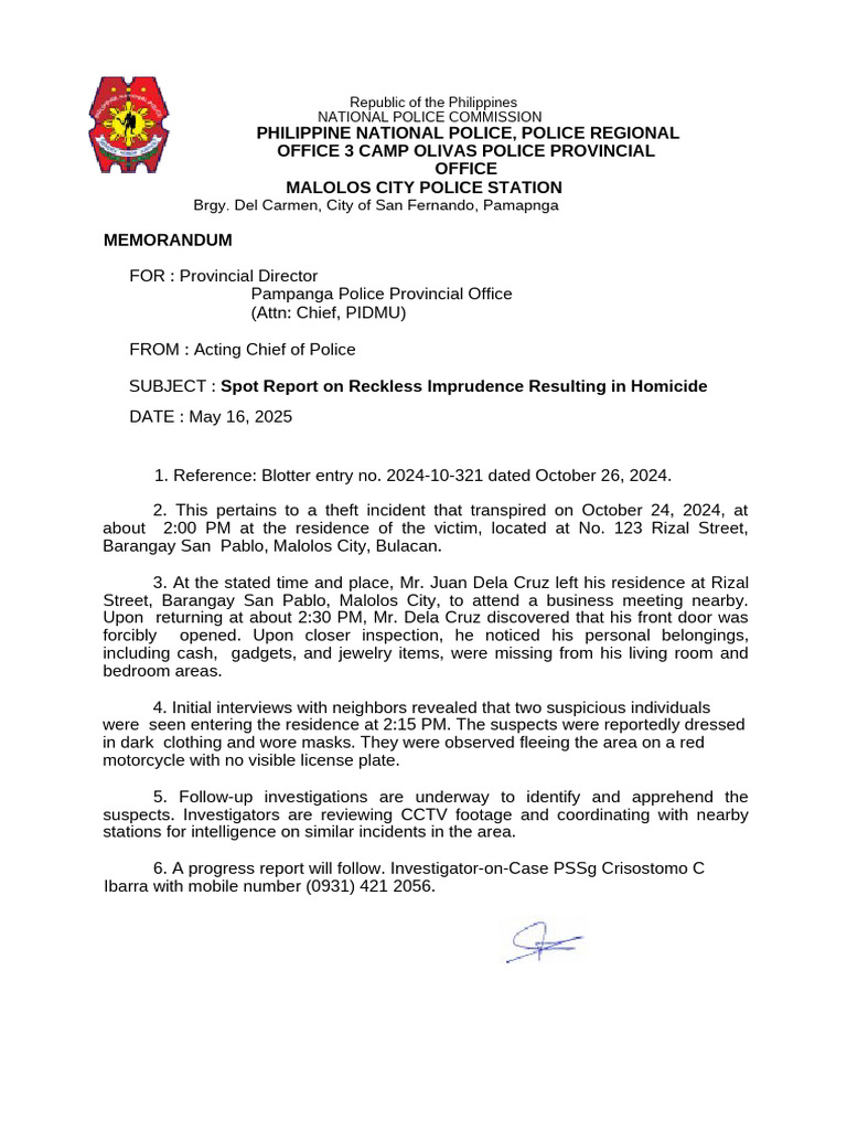 Guidelines in Drafting A PNP Spot Report | PDF