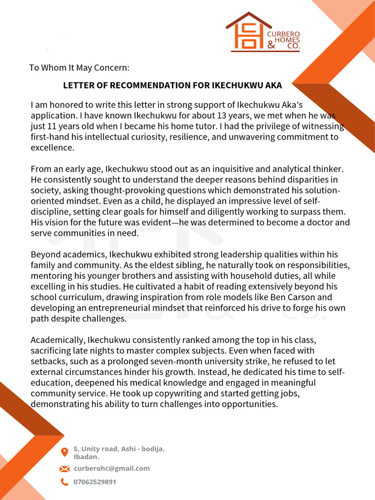 Recommendation Letter For Aka Ikechukwu | PDF | Mindset | Leadership