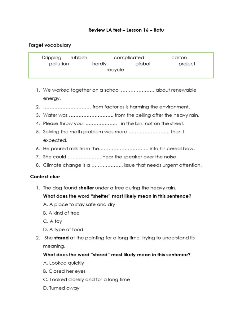 Vocabulary and Context Clue Review | PDF