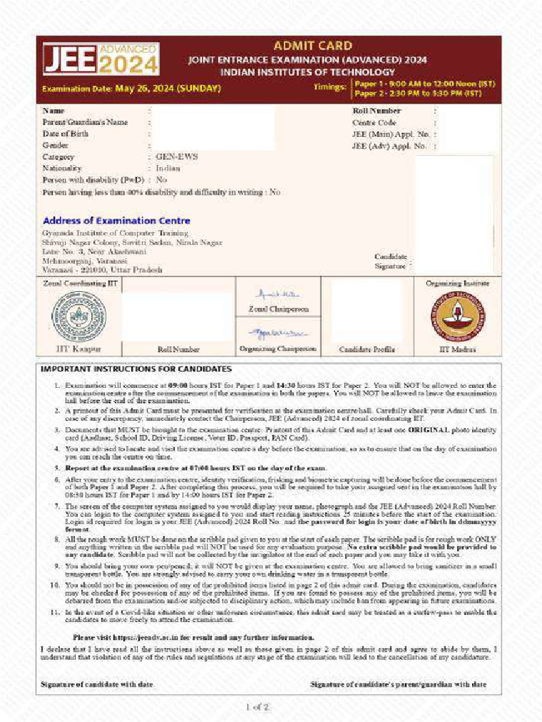 2024 Jee Advanced Admit Card | PDF