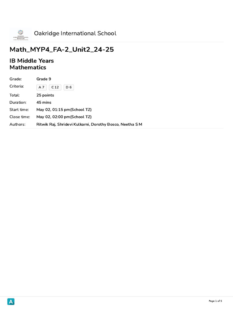 Math MYP4 FA-2 Unit2 24-25 CTGTVF | PDF