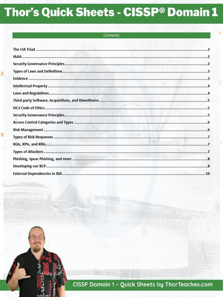 Thor's Quick Sheets - CISSP Domain 1 | PDF | Security Hacker | Risk