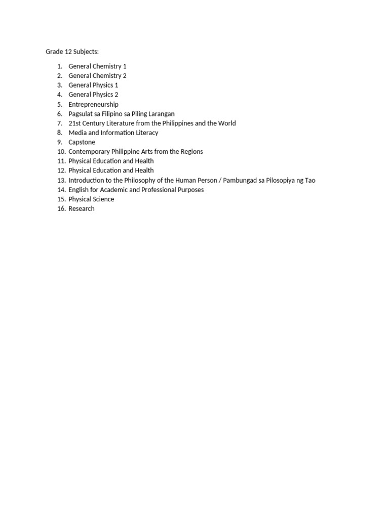 Grade 12 Subjects | PDF