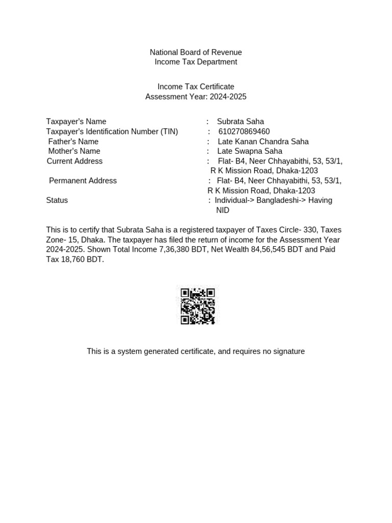 Income Tax Certificate 2024-2025 | PDF