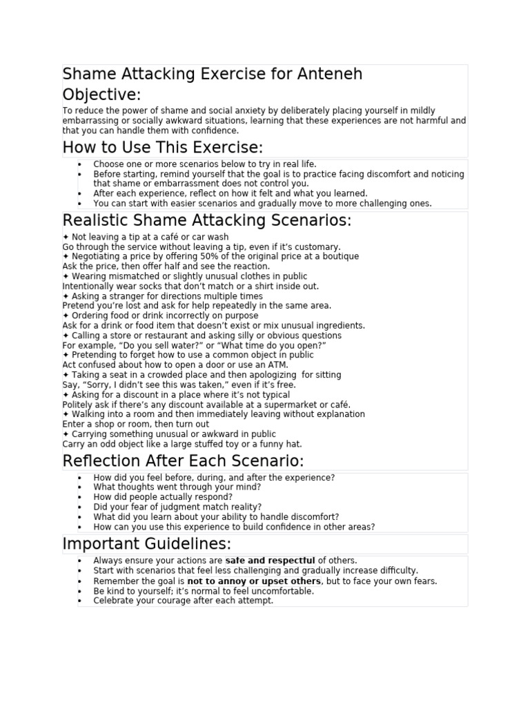 Shame Attaking Exersise For Anteneh | PDF | Psychology | Behavioural ...